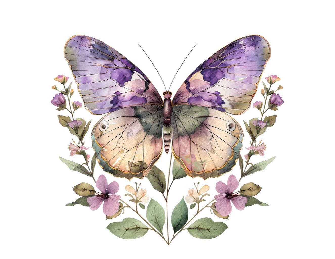 Purple Butterfly PNG Clipart, 12x Floral Insect Clip Art Set, Printable ...