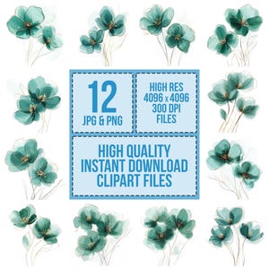 12x Green Flowers Clip Art, Emerald Green Watercolor Floral Clipart ...