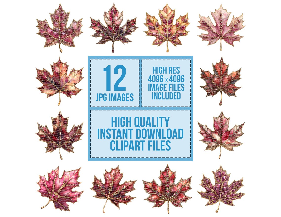 Jeweled Maple Leaf Clip Art, 12x Watercolor Leaf With Gems Clipart Set ...
