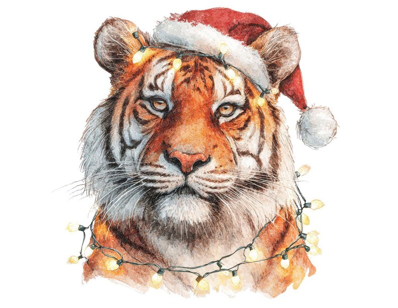 Christmas Tiger Clipart, 12x Santa Hat Tigers PNG, Printable Watercolor ...
