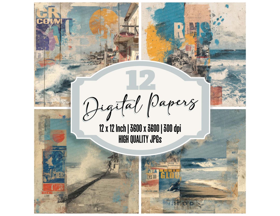12x Surf Retro Junk Journal Paper Digital Paper Pack Coastal Collage ...