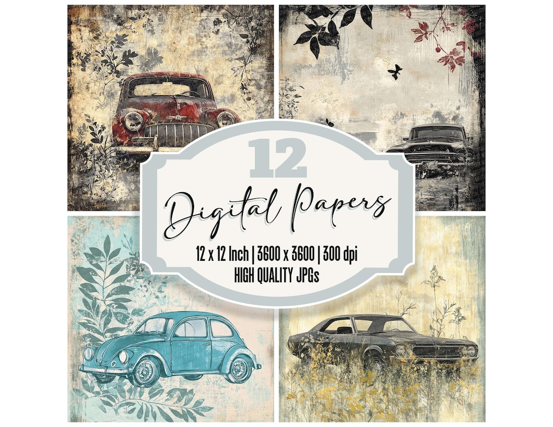 12 Classic Car Digital Papers, Aged Automobile Junk Journal Paper ...