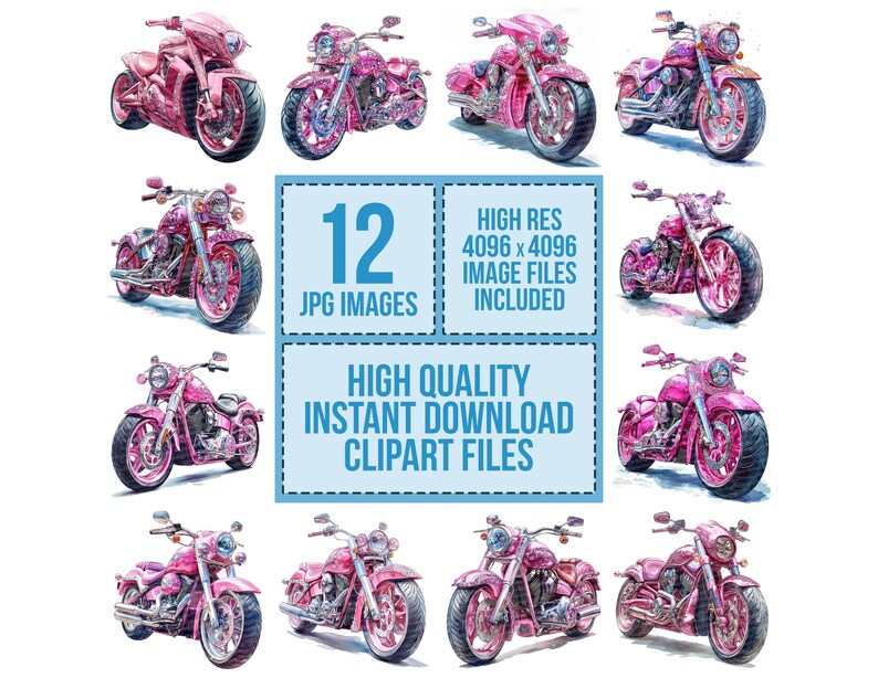 12x Pink Motorcycle Clipart, Watercolor Gem Studded Motorbike ...