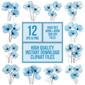 Blue Floral Clip Art, 12x Abstract Flowers PNG Clipart Set, Printable ...