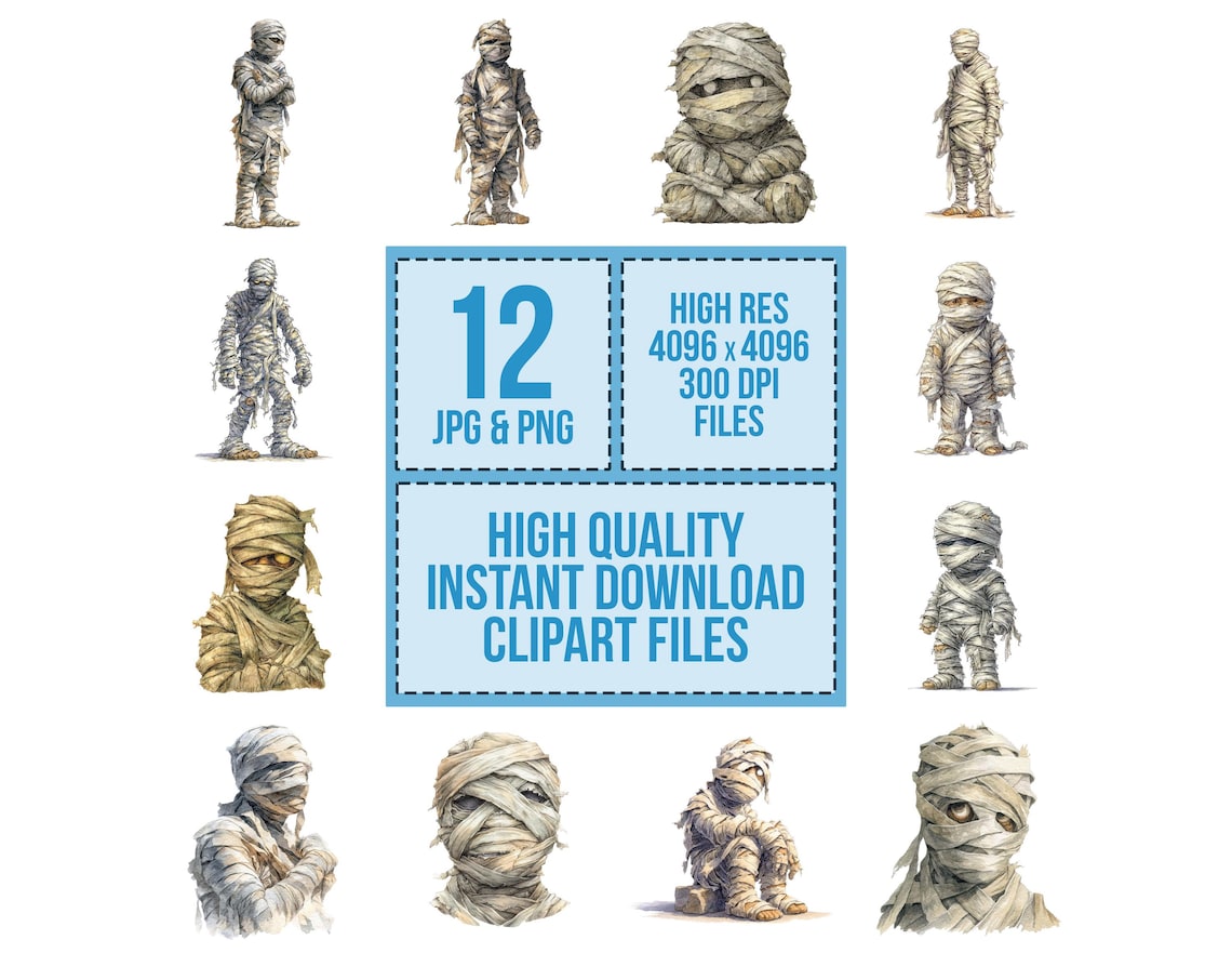 Mummy PNG Clipart, 12x Halloween Monster Clip Art Set, Printable ...
