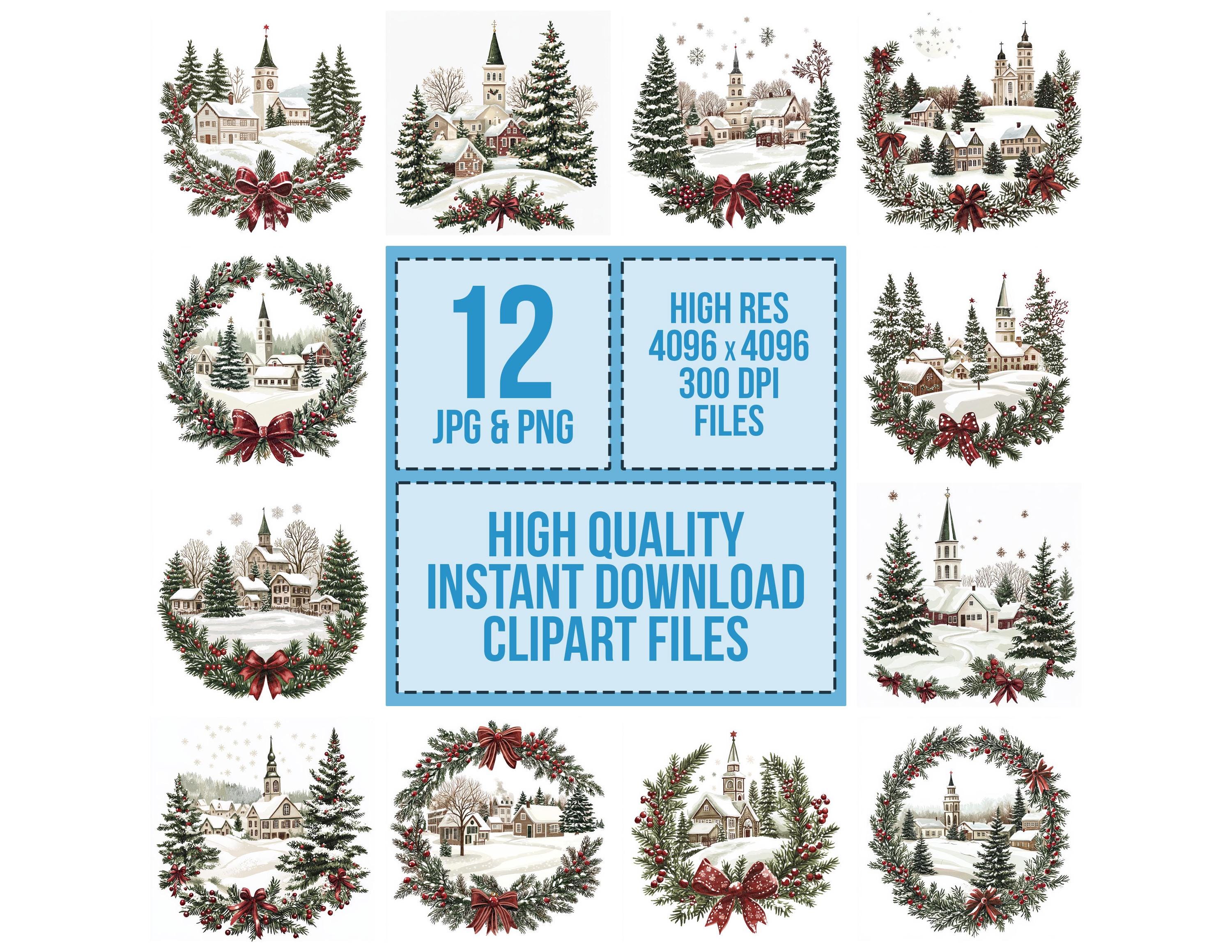 Christmas Village Wreath PNG Clip Art, 12x Winter Holiday Scene Clipart ...