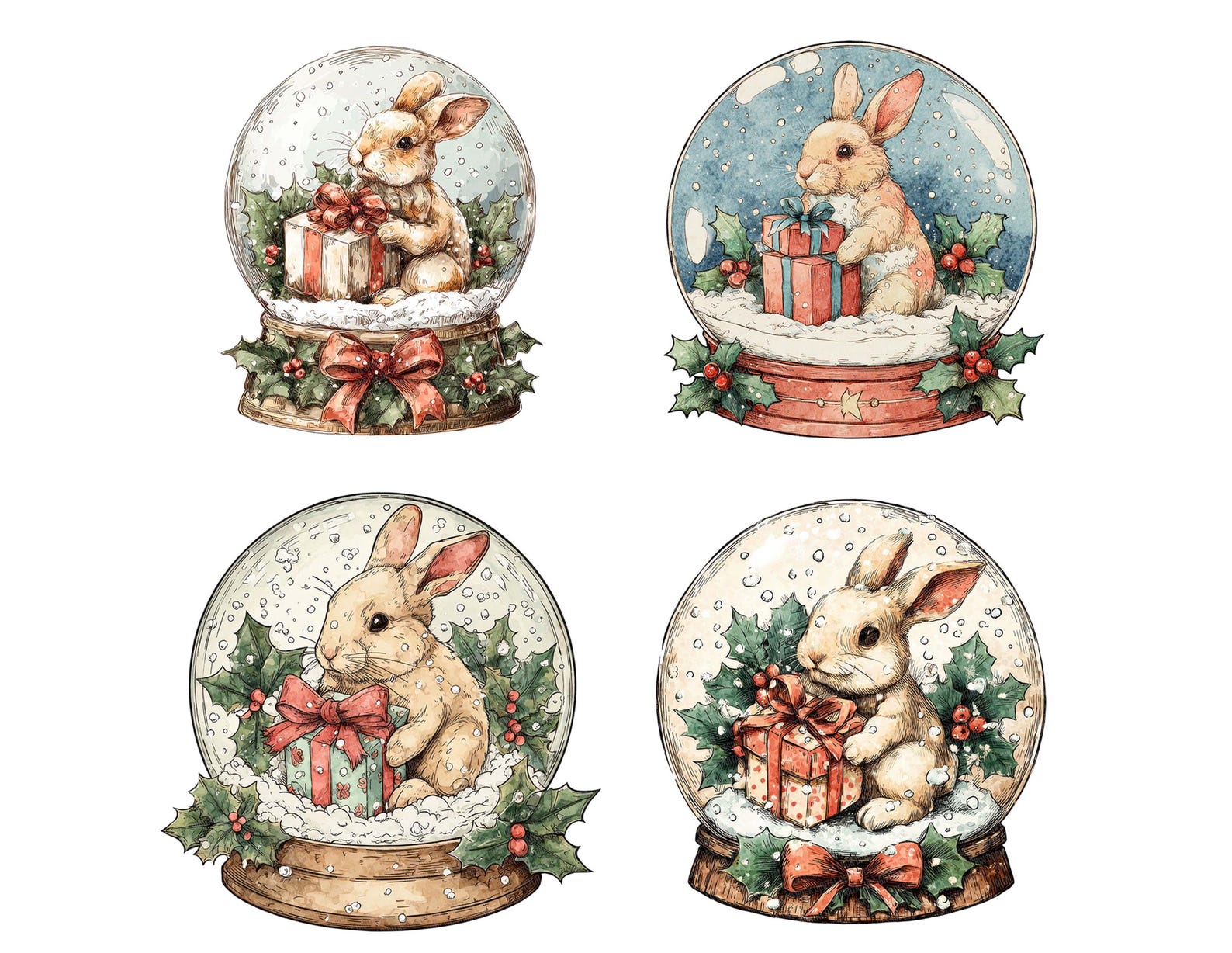12x Snow Globe PNG Clipart, Retro Bunny Christmas Clip Art Set ...