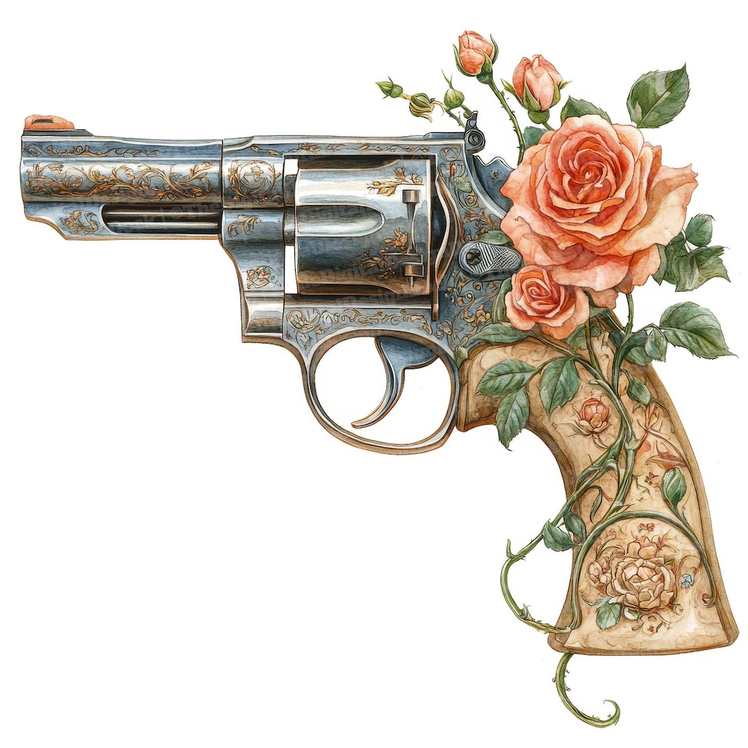12x Floral Revolver Clipart, Watercolor Gun Illustration, Printable ...