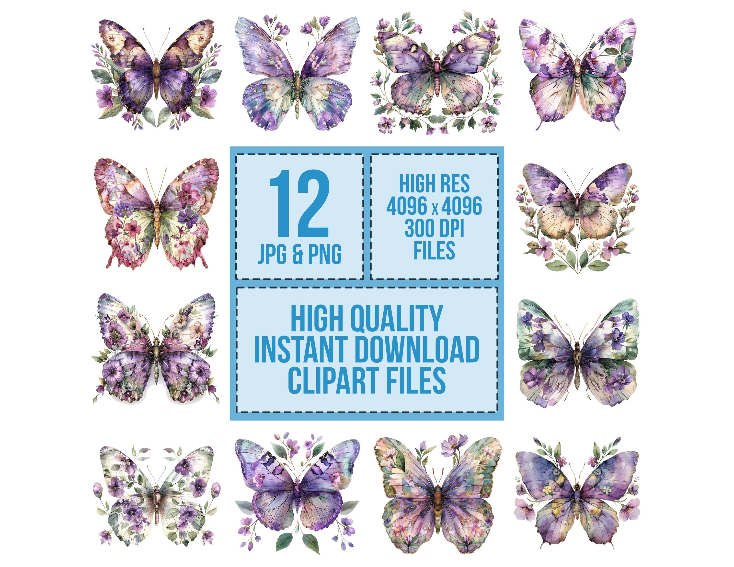 Purple Butterfly PNG Clipart, 12x Floral Insect Clip Art Set, Printable ...