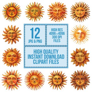 Sun Face PNG Clipart, 12x Celestial Sun Clip Art Set, Printable ...