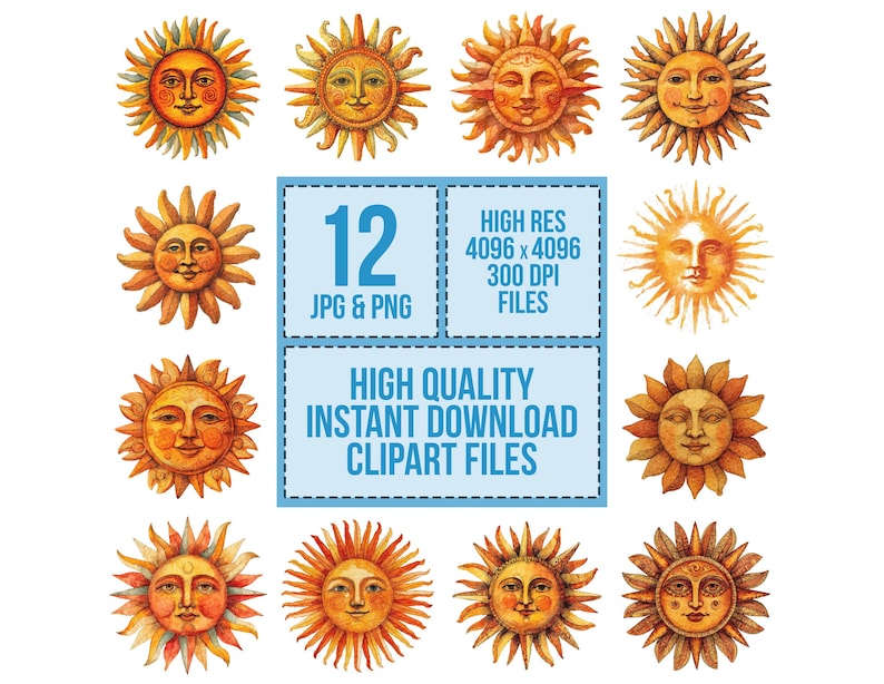 Sun Face PNG Clipart, 12x Celestial Sun Clip Art Set, Printable ...
