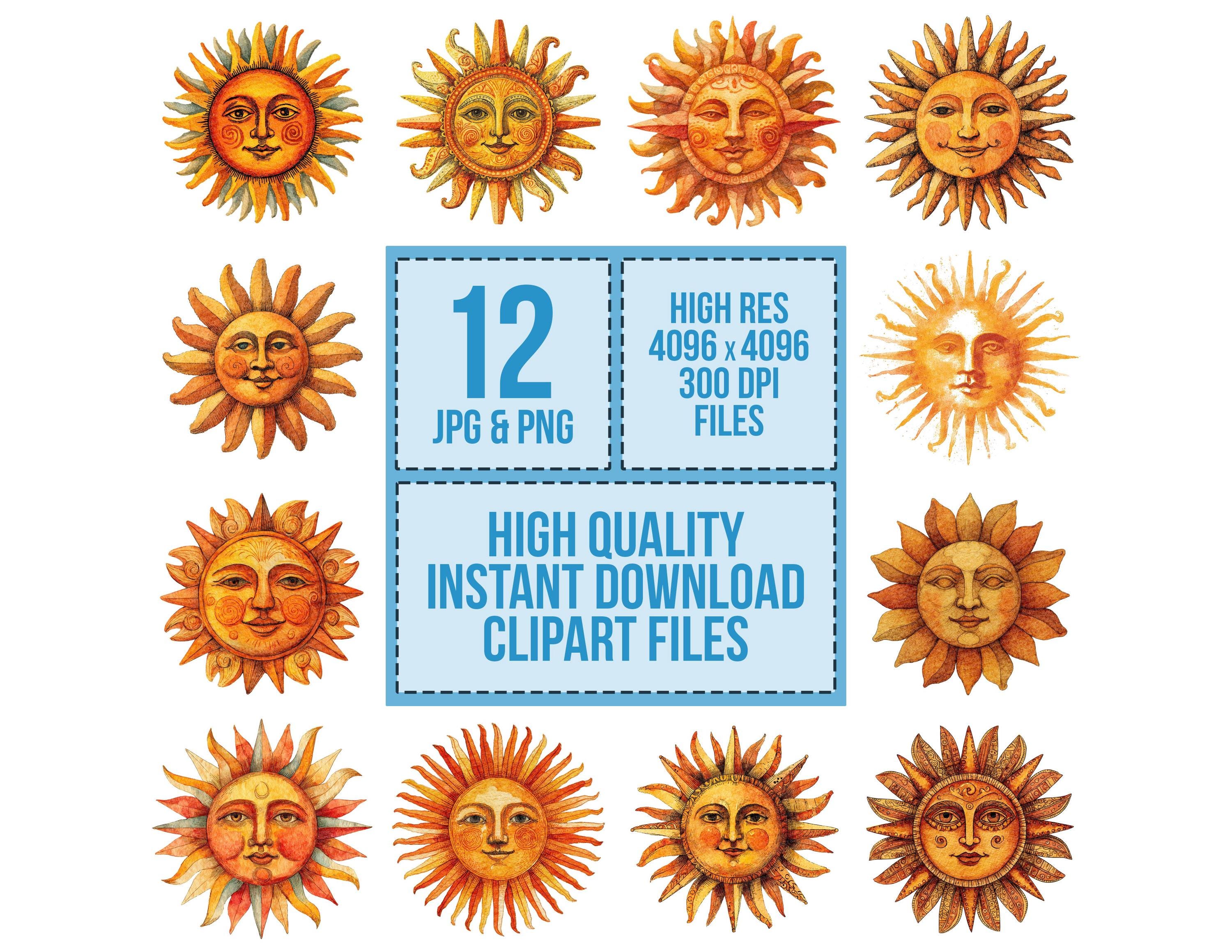 Sun Face PNG Clipart, 12x Celestial Sun Clip Art Set, Printable ...