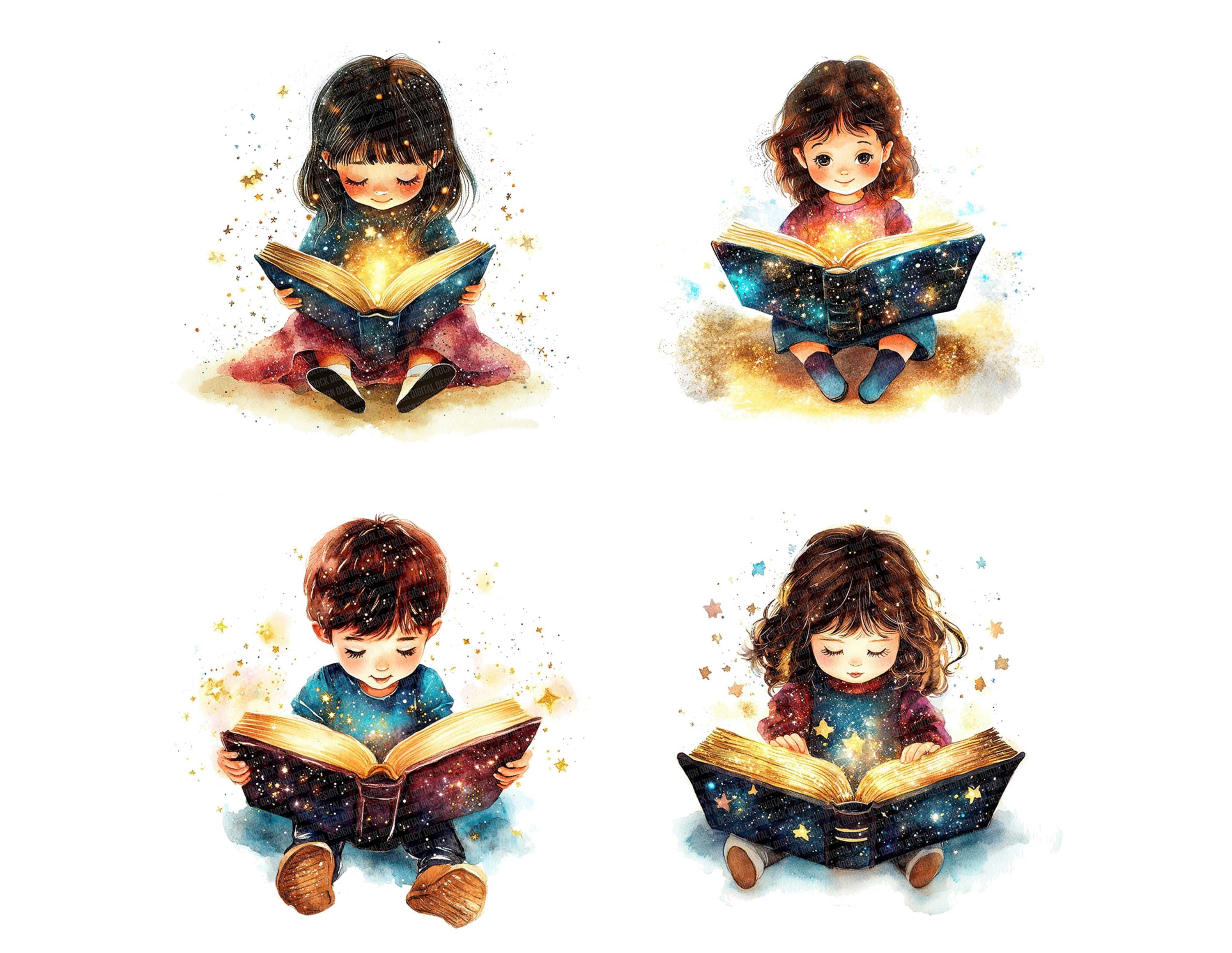 12 Child Reading Magical Book Clip Art, Watercolor Kids With Sparkling ...
