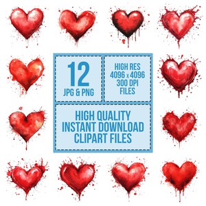 Red Watercolor Heart PNG Clipart, 12x Splatter Love Heart Clip Art Set ...