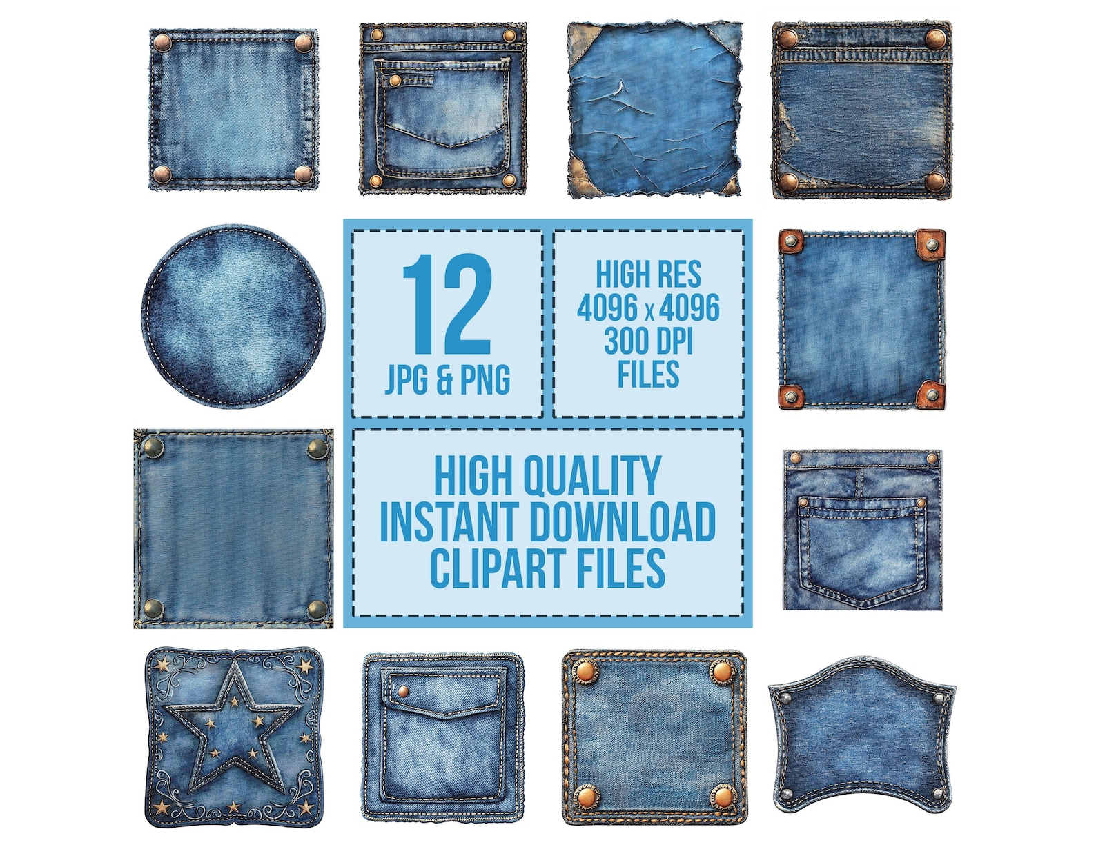 Denim Tag PNG Clipart, 12x Vintage Jean Patch Clip Art Set, Printable ...