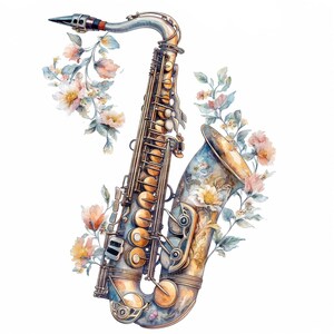 12x Floral Saxophone Clipart, Floral Music Clipart, Printable ...