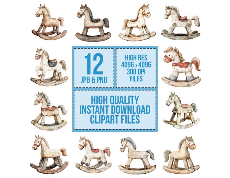 Rocking Horse PNG Clipart, 12x Wooden Toy Horse Clip Art Set, Printable ...