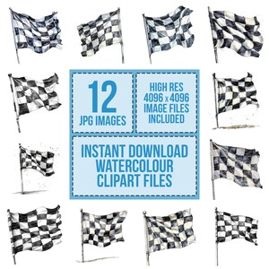 12 Checkered Flag Clipart, Watercolor Racing Flag Clipart, Printable ...