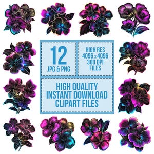 Neon Floral Clip Art, 12x Bright Glow PNG Flowers Clipart Set ...