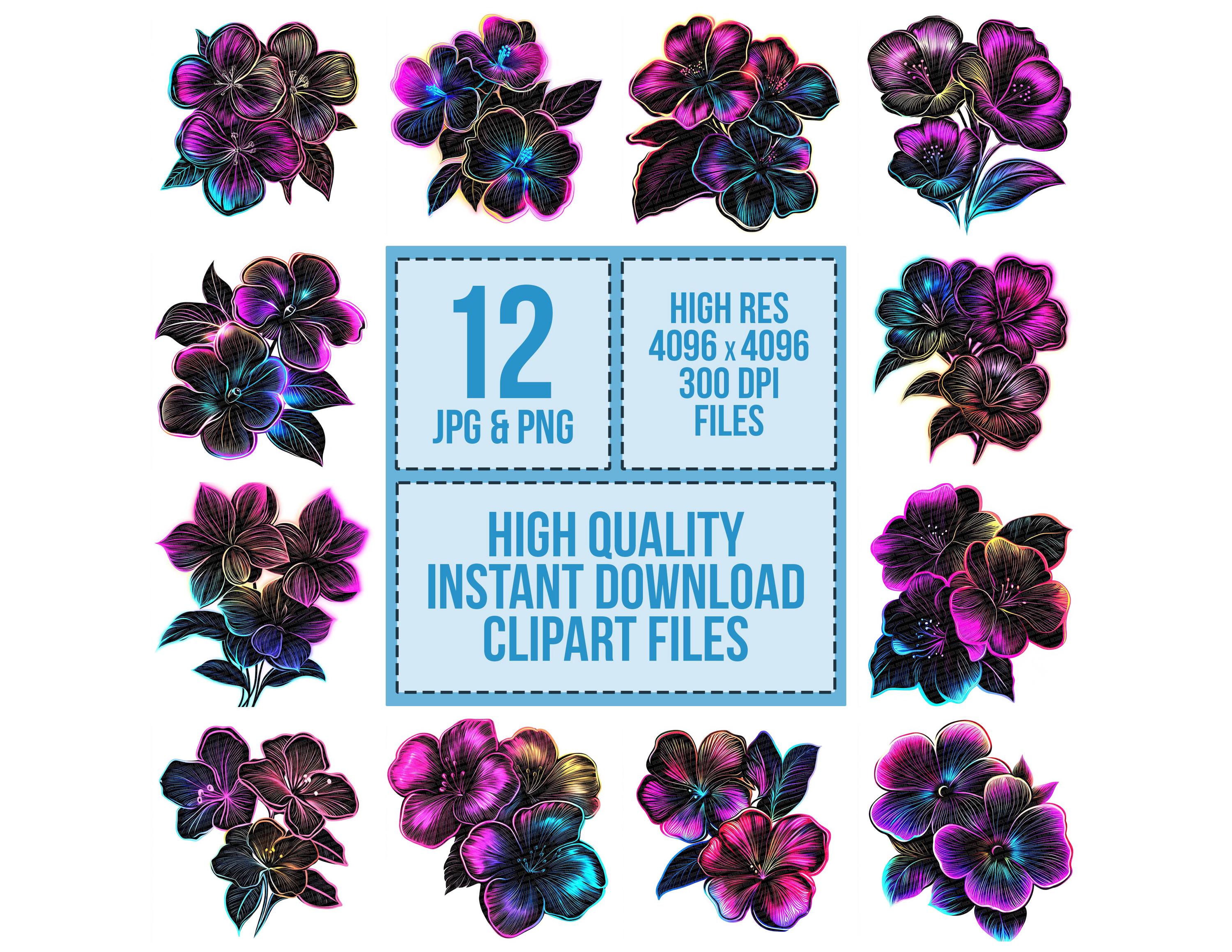 Neon Floral Clip Art, 12x Bright Glow PNG Flowers Clipart Set ...