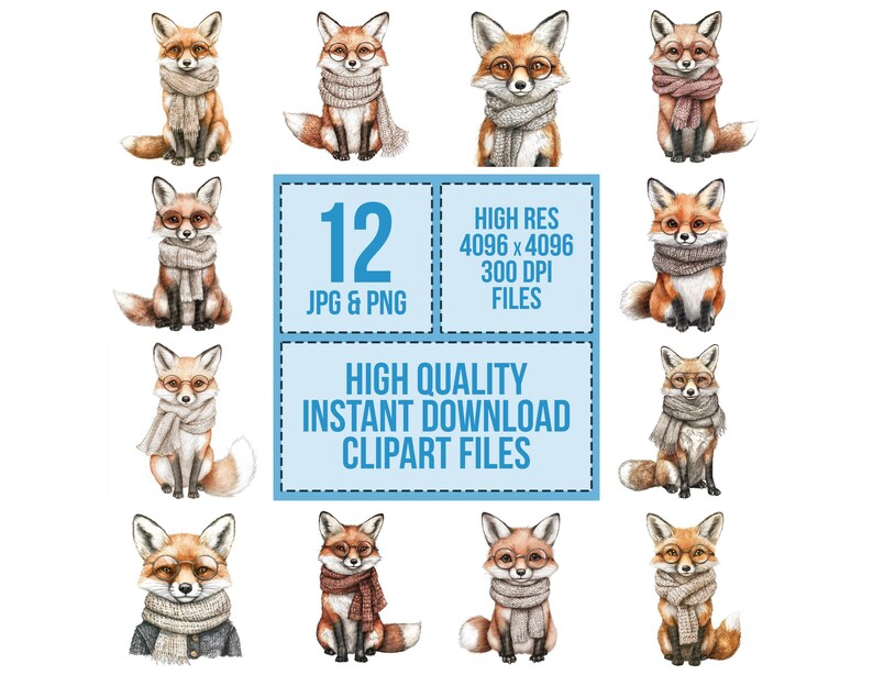 Fox in Scarf and Glasses PNG Clip Art, 12x Winter Fox Clipart Set ...