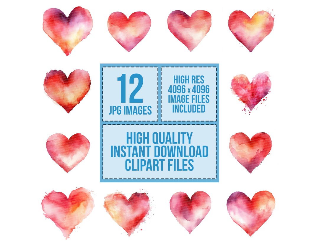 12 Watercolor Heart Clipart, Red Heart Art, Valentine's Day Clipart ...