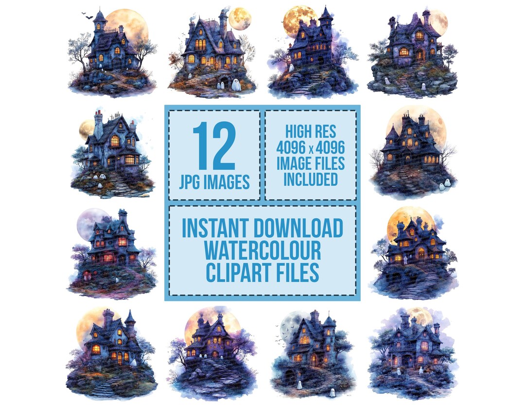 12x Haunted House Clipart, Halloween Night, Ghosts, High Quality Jpgs ...