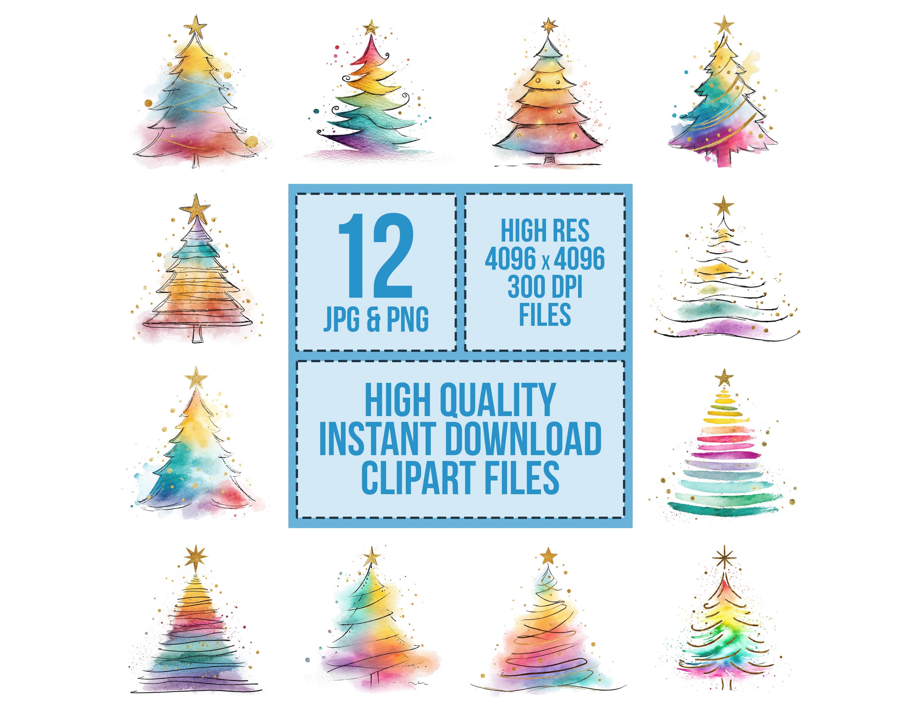 Sketch Rainbow Christmas Tree PNG Clipart, 12x Watercolor Holiday Tree ...