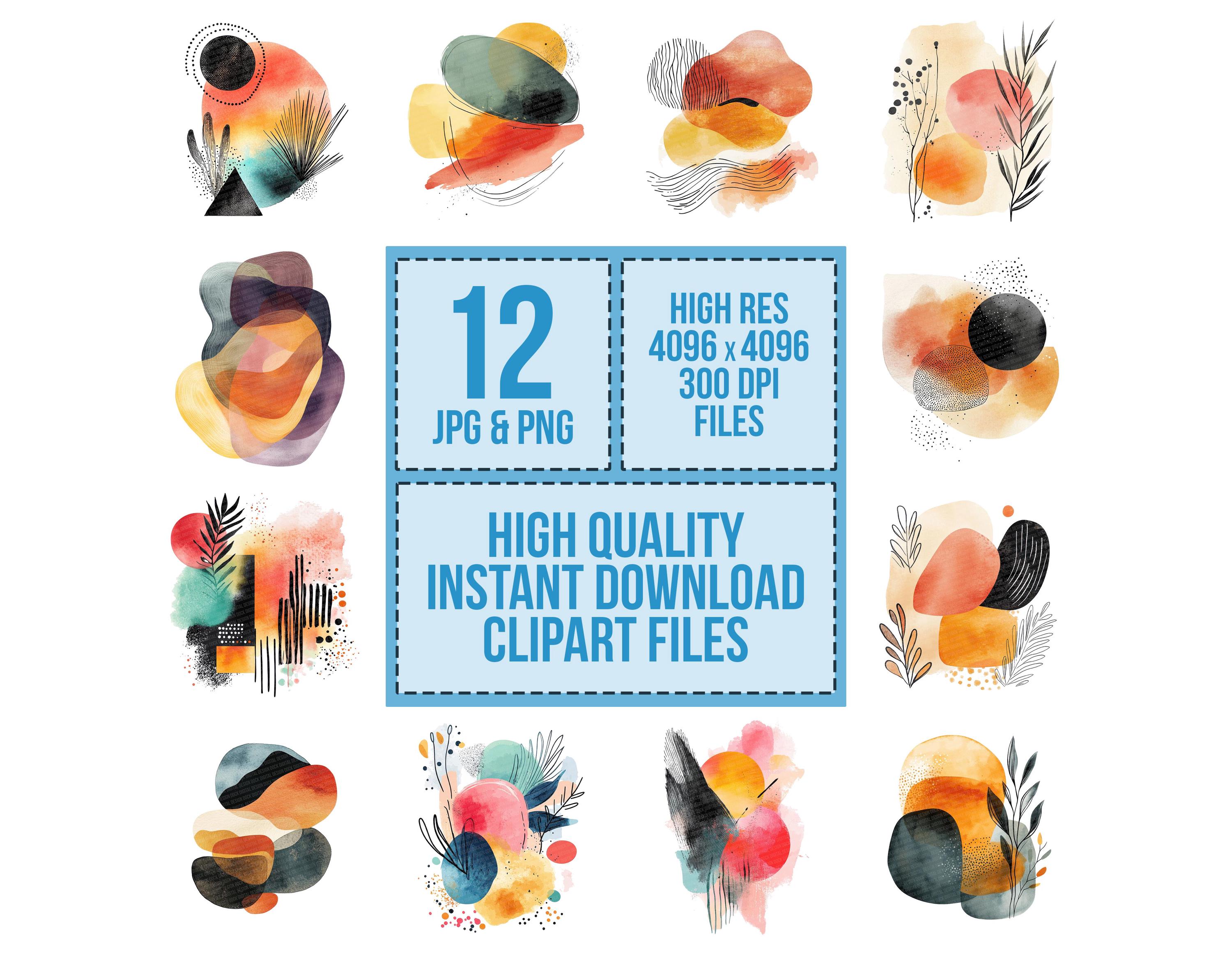 Boho Shapes PNG Clipart, 12x Abstract Watercolor Clip Art Set ...