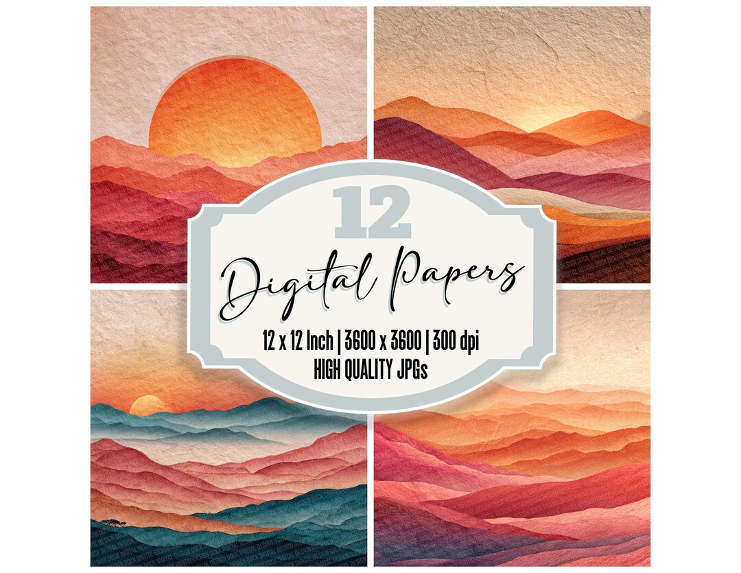 12x Boho Sunset Glow Landscape Digital Papers – Abstract Mountains in ...