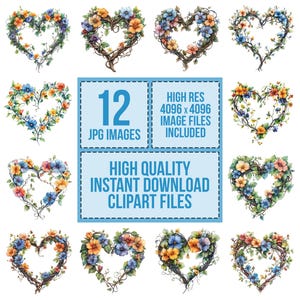 12x Floral Vine Heart Clipart, Watercolor Flower Wreath Art, High ...