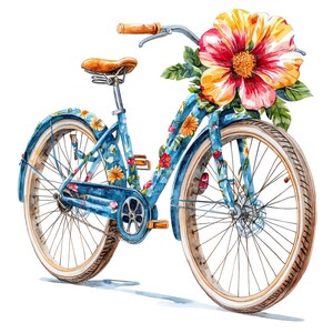 12x Bicycle Clipart, Floral Bicycle Clipart, Printable Watercolor ...