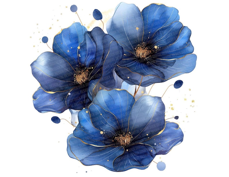 Midnight Blue Flower Clipart, 12x Watercolor Floral Clip Art Set ...