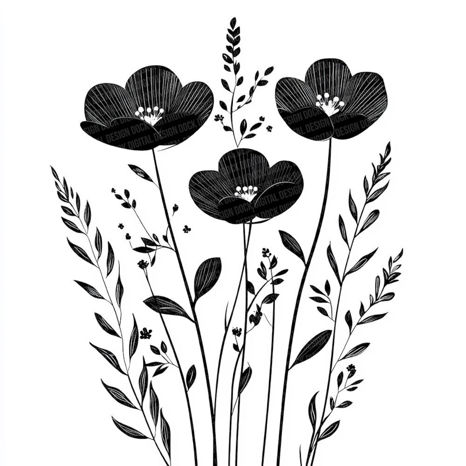 Black & White Floral PNG Clip Art, 12x Monochrome PNG Flower Clipart ...