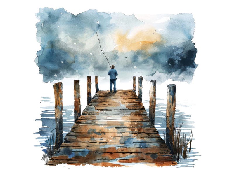 Fishing Dock PNG Clipart, 12x Man Fishing Clip Art Set, Watercolor Lake ...