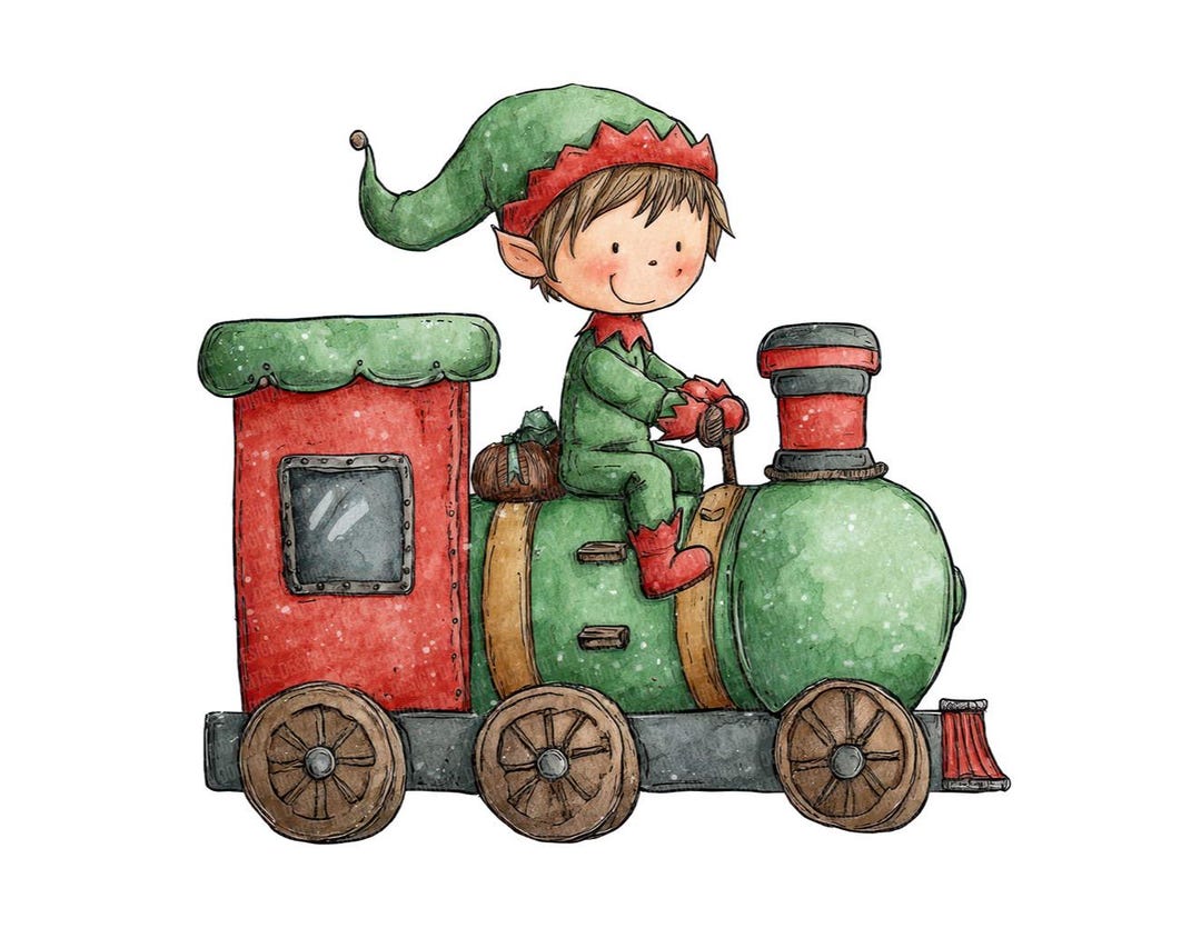 Watercolor Elf Train Clipart, 12 Christmas Elves Riding Trains PNG/JPG ...