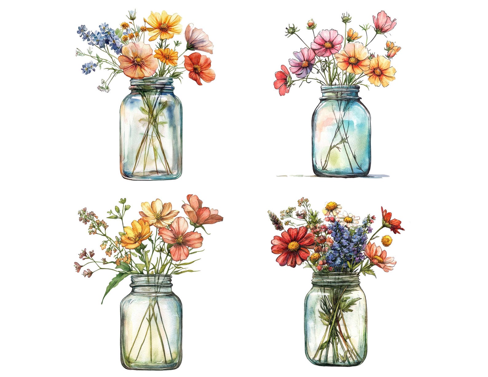 Mason Jar Flowers PNG Clipart, 12x Rustic Floral Illustration ...