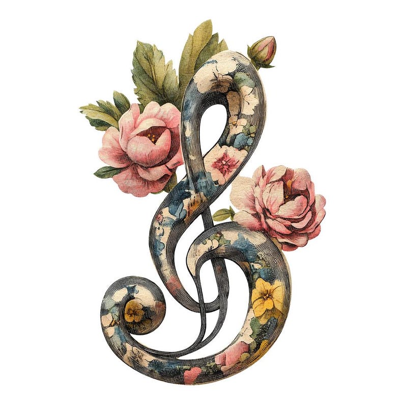 12 Music Clef Floral PNG Clipart, Flowers Music Note Watercolor Clip ...