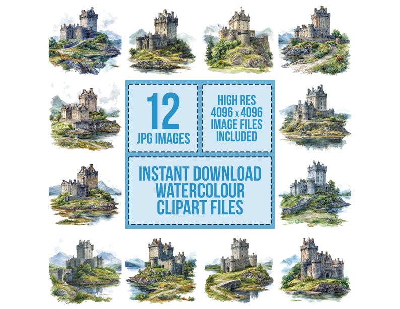 12 Scottish Castle Clipart, Watercolor Highland Castles, Printable ...
