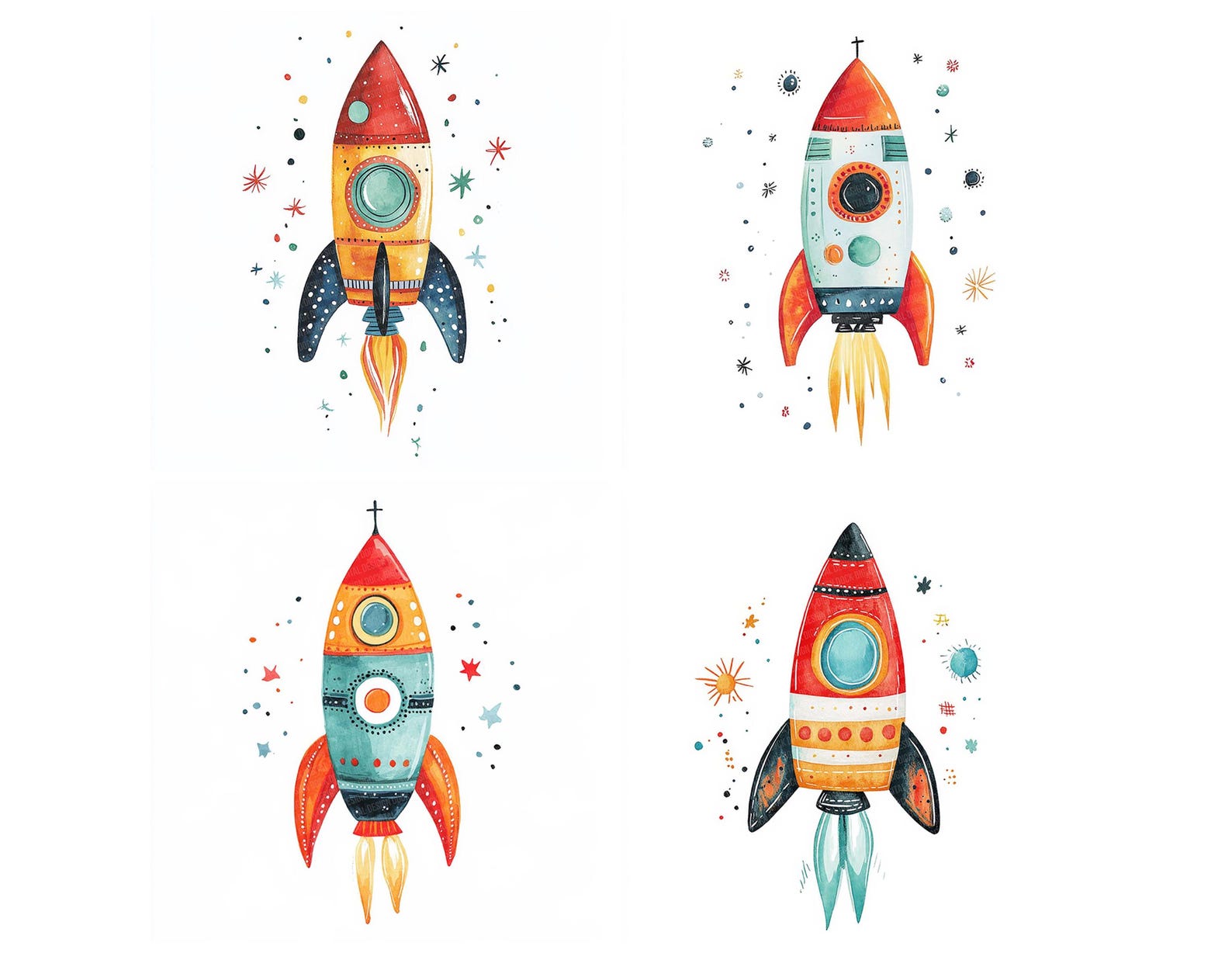 Rocket Ship Clip Art, 12x Watercolor Space PNG Clipart Set, Printable ...