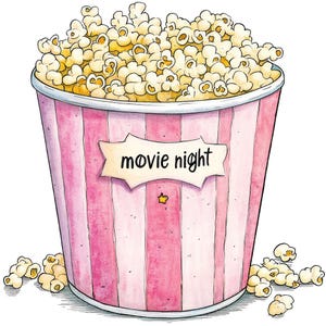 Popcorn PNG Clipart, 12x Watercolor Movie Night Clip Art Set, Printable ...