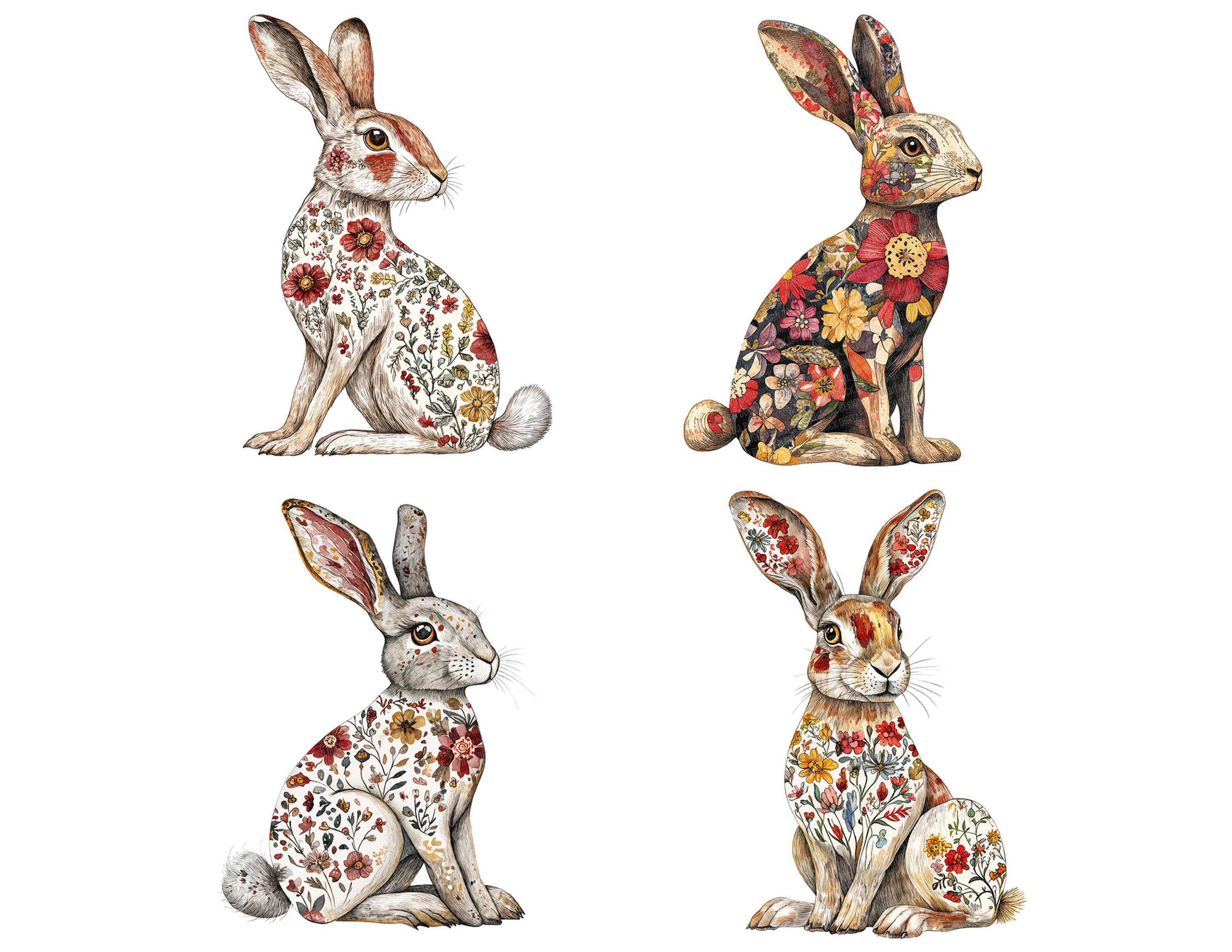 Folk Hare With Florals Clipart, 12 Floral Hares With Flower Designs ...
