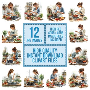 12 Woman Cooking Clipart, Watercolor Kitchen Illustration, Printable ...
