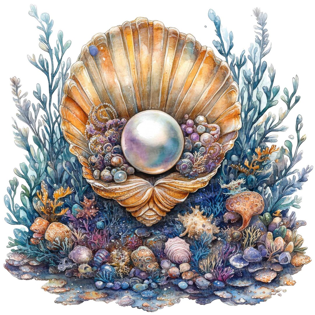 12 Pearl in Shell Clipart, Watercolor Oyster Clipart, Printable ...