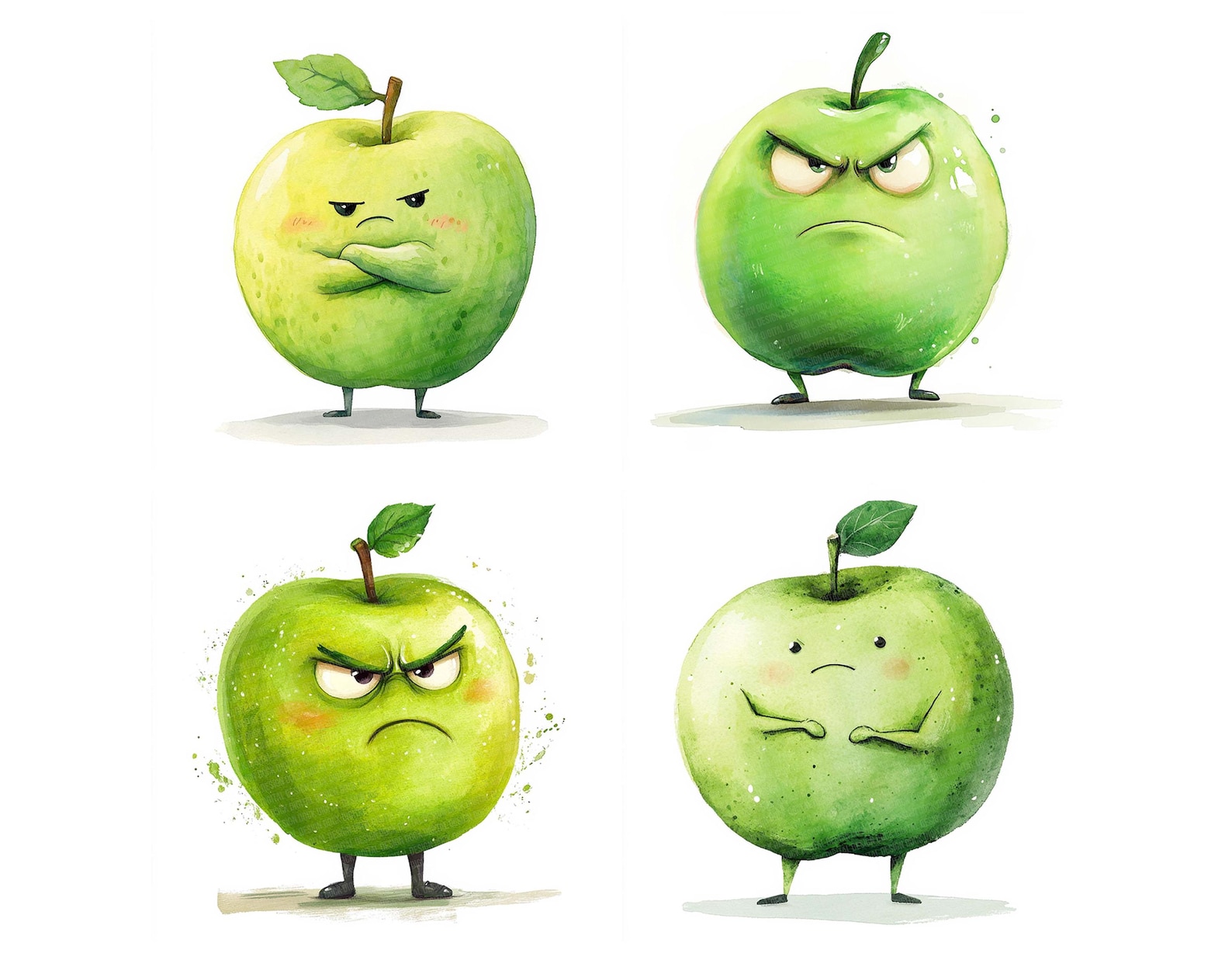 Grumpy Apple PNG Clip Art, 12x Funny Green Apple Clipart Set ...