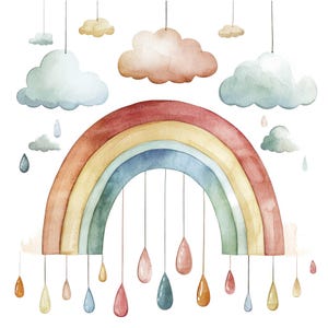 12x Watercolor Rainbow and Clouds Clipart, Hanging Raindrops ...