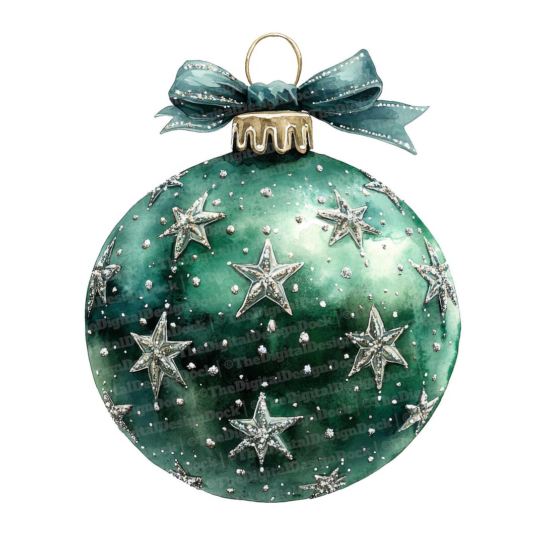 12x Christmas Ornament Clipart, Green and Silver Baubles With Stars ...