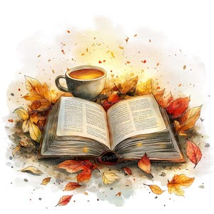 12 Cozy Autumn Book Clipart, Coffee and Fall Leaves, Printable ...