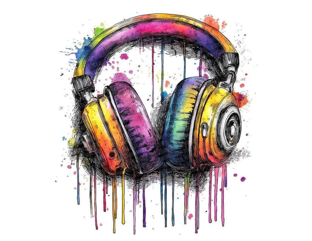 Neon Headphones Clipart, 12x Watercolor Music Art Set, Printable ...