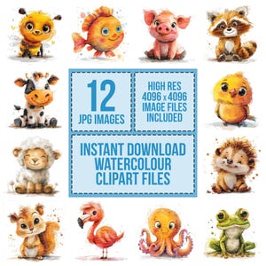 12 Nursery Cute Animal Clipart, Watercolor Animal Babies Clipart ...
